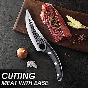 Huusk Viking Knife Caveman Knives - Hand Forged Meat Cleaver Sharp Boning Knife for Meat Cutting Japanese Knife with Sheath Trimming Butcher Knife for Kitchen & Outdoor Use