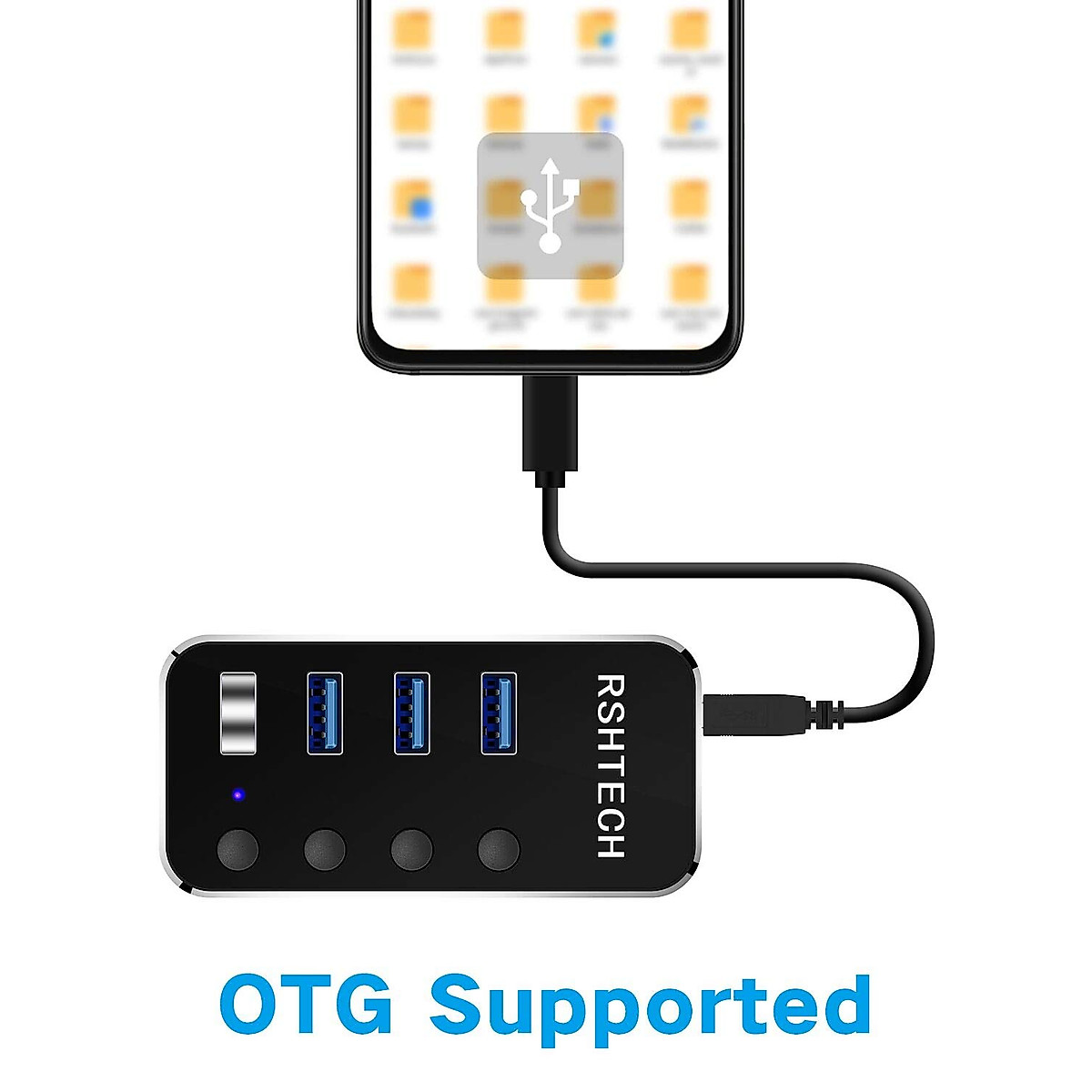 Powered USB hub RSHTECH 4 Port USB C to USB 3.0 Port Hub Expander Aluminum Portable USB 3.0 hub Splitter with 5V AC Adapter and Individual On/Off Switches (RSH-516-C)