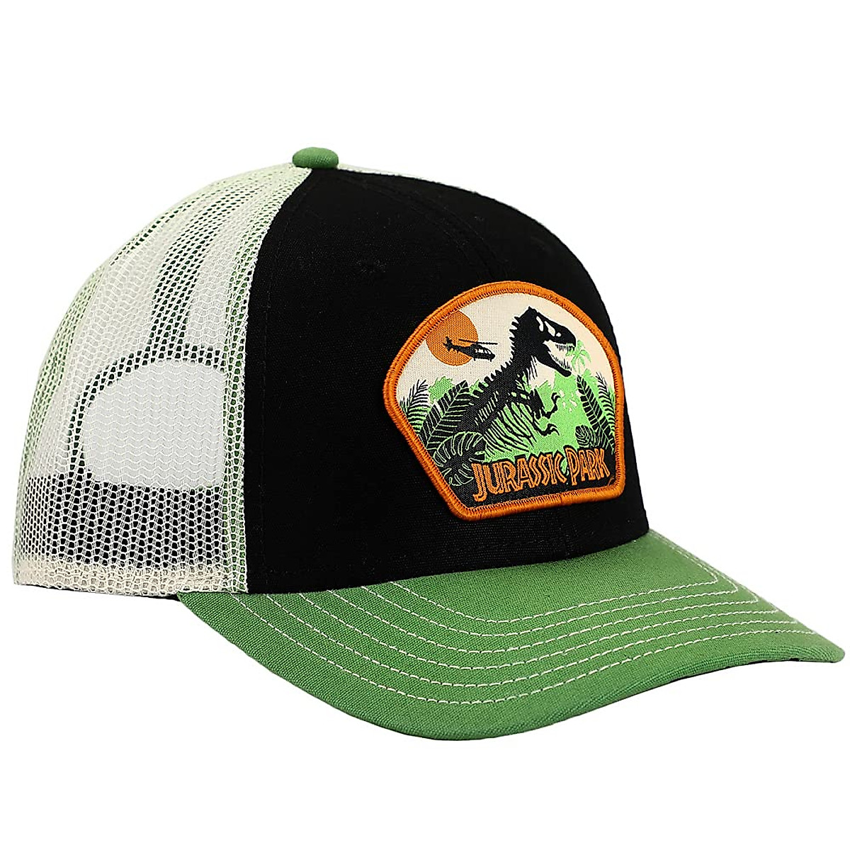 Bioworld Jurassic Park Washed Canvas Trucker Hat with Embroidery Patch and Underbill Print Snapback hat Black