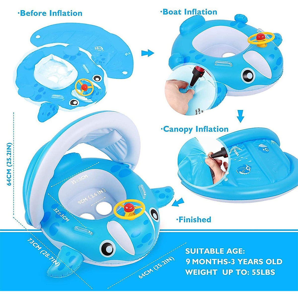 Peradix Baby Swimming Pool Float Boat, Inflatable Baby Swimming Ring with Removable Sun Protection Canopy, Whale Toddler Floaties Water Toys for Infant