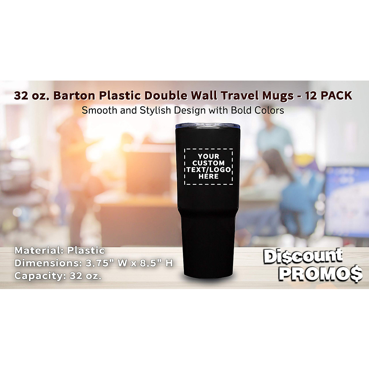 Personalized 32 oz. Barton Plastic Double Wall Travel Mugs - 12 Pack - Custom Text, Logo - Black