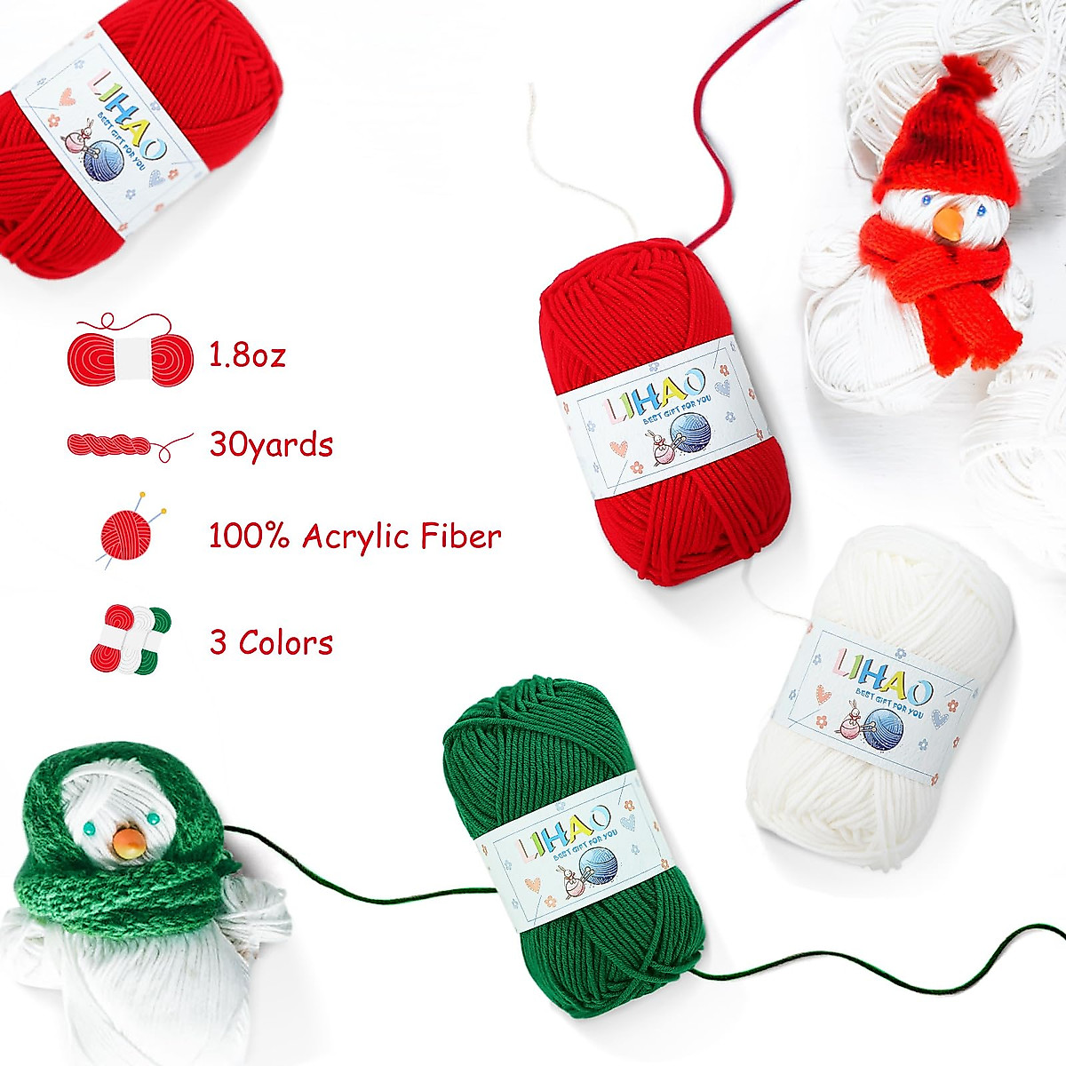 LIHAO 3 Skeins Yarn for Knitting Christmas Themed Yarn for DIY Xmas Crochet Crafts - 100% Acrylic, 50g