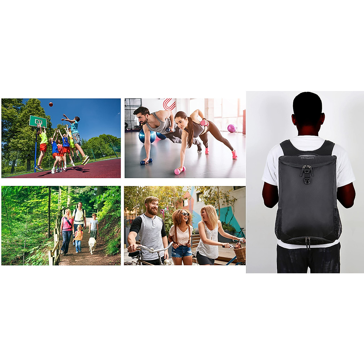 Mouteenoo Sport Gym Backpack Shoes Compartment Drawstring Backpack Men Women (Black/Black)