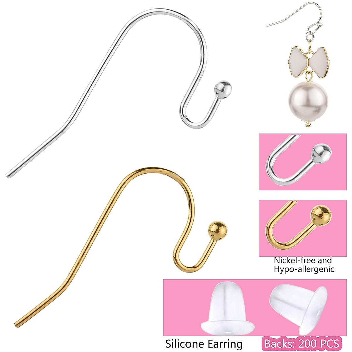 Earring Hooks 600pcs Hypoallergenic Earring Making kit with Jump Rings and Clear Silicone Earring Backs Stoppers(Silver and Gold)
