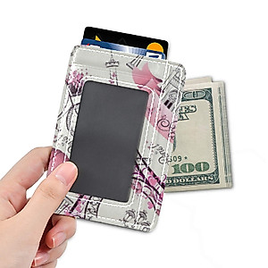 Linomo Thin leather Card Holder and Money Clip Pink Flower Paris Eiffel Tower Wallet RFID Blocking for Men & Women
