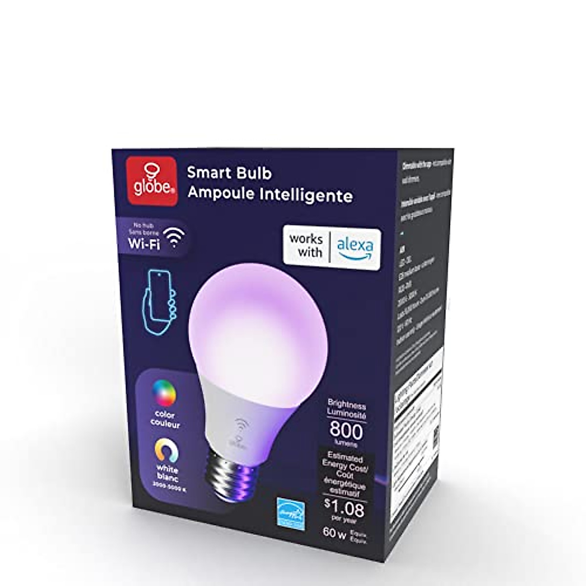Globe Electric 50589 Color-Changing A19 LED Smart Light Bulb, 2.4 GHz Wi-Fi, 60W Equivalent 800LM, Works with Alexa Only, 1-Pack