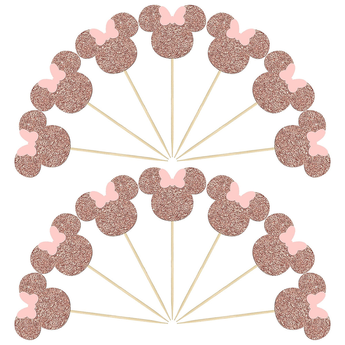 Gyufise 36Pcs Mouse Inspired Cupcake Toppers with Pink Bow Rose Gold Glitter Mini Mouse Cupcake Picks Decorations for Baby Shower Wedding Kids Birthday Party Supplies