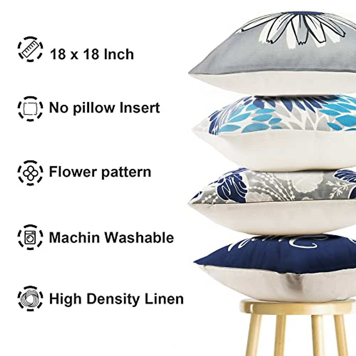 RYSMIYOU Decorative Throw Pillow Covers Set of 4 Blue Pillow Covers 18x18 inch Throw Pillow Cases Linen Square Pillow Case,Farmhouse Outdoor Modern Boho Pillow Covers for Couch Sofa Living Room
