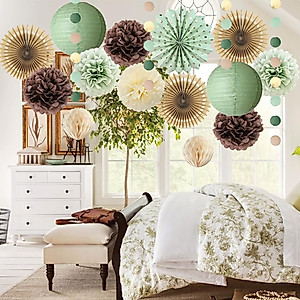 Sage Green and Brown Party Decorations Baby Shower Decorations Sage Green Beige Brown Tissue Paper Pom Poms Lanterns for Sage Green and Brown Birthday Bridal Shower Wedding Room Decor