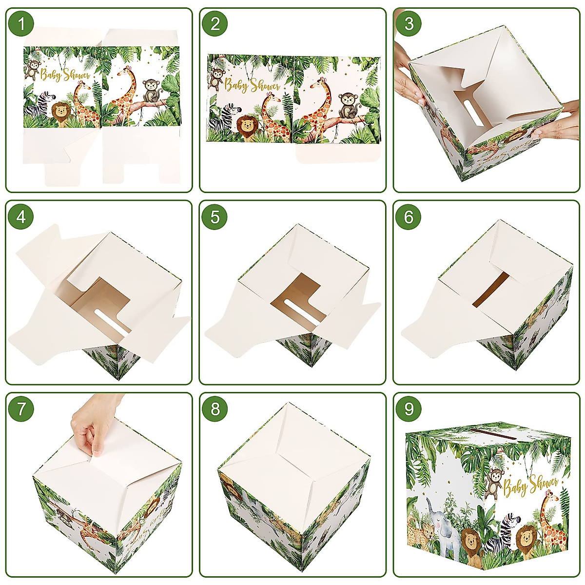 51 Pieces Woodland Baby Shower Card Box and Advice Cards, Diaper Raffle Game Box Tickets, Animals Safari Creatures Party Decorations for Baby Shower, Birthday, Gender Reveal (Jungle Animal Theme)