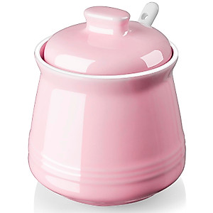 DAYYET Sugar Bowl with Lid and Spoon - 12 oz Ceramic Sugar Bowl with Spoon - Sugar Container for Coffee Bar - Sugar Jar Sugar Dispenser Bowl - Pink Kitchen Decor and Accessories