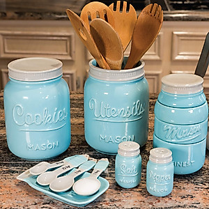 Blue Mason Jar Spoon Rest - Kitchen Spoon Holder for Stove Top - Ceramic Ladle Holder for Cooking Utensil in Rustic, Antique, Farmhouse Design