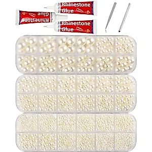 Worthofbest 3/4/5/6/8/10mm Ivory Flatback Pearls with Craft Glue, Flat Back Pearls Beads for Crafting, Round Half Back Pearls for Crafts DIY Makeup Nail Clothes Clothing Accessories Shoes Home Decor