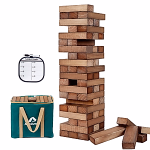 ApudArmis Giant Tumble Tower (Stack from 2Ft to Over 4.2Ft), 54 PCS Pine Wooden Stacking Timber Game with 1 Dice Set - Classic Block Giant Outdoor Game for Teens Adults Family(Brown)
