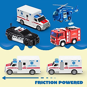 JOYIN 4 Packs Emergency Vehicle Toy Playsets, Friction Powered Vehicles with Light and Sound, Including Fire Truck, Ambulance Toy, Play Police Car and Toy Helicopter, Christmas Toddler Kids Boys Gifts