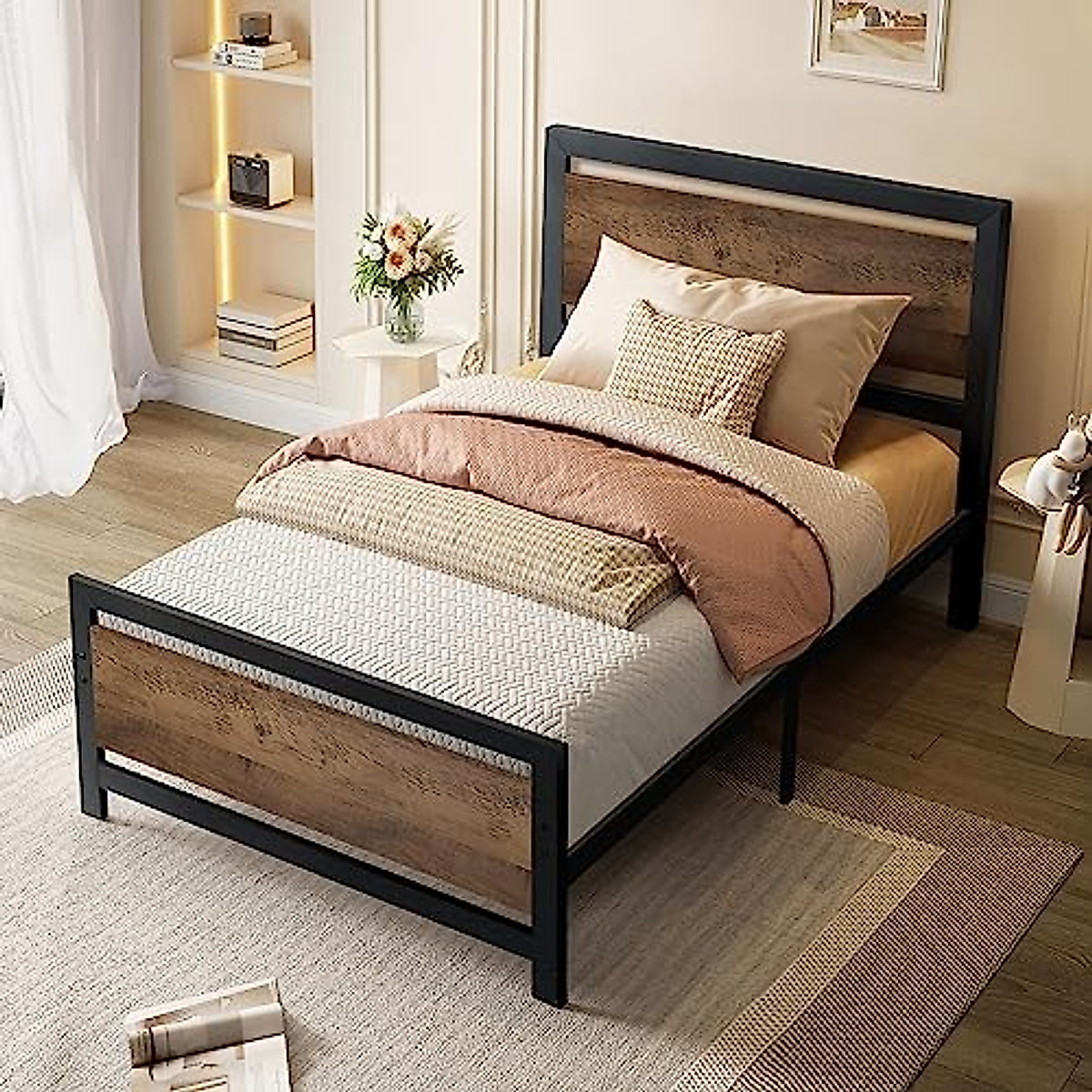 4 EVER WINNER Twin Bed Frames with Wood Headboard, Twin Platform Bed Frame with Heavy Duty Steel Slat Support, Twin Bed Frame for Kids, No Box Spring Needed, Mattress Foundation, Easy Assembly, Black