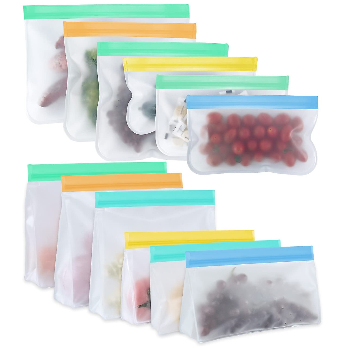 Reusable Food Storage Bags - Axbima 12 PACK PEVA Reusable Freezer Bags for Sandwich - Stand-up Reusable Snack Zip lock bags for Home/Travel Meat Fruit Vegetables Cereal Nuts (Multicolored)