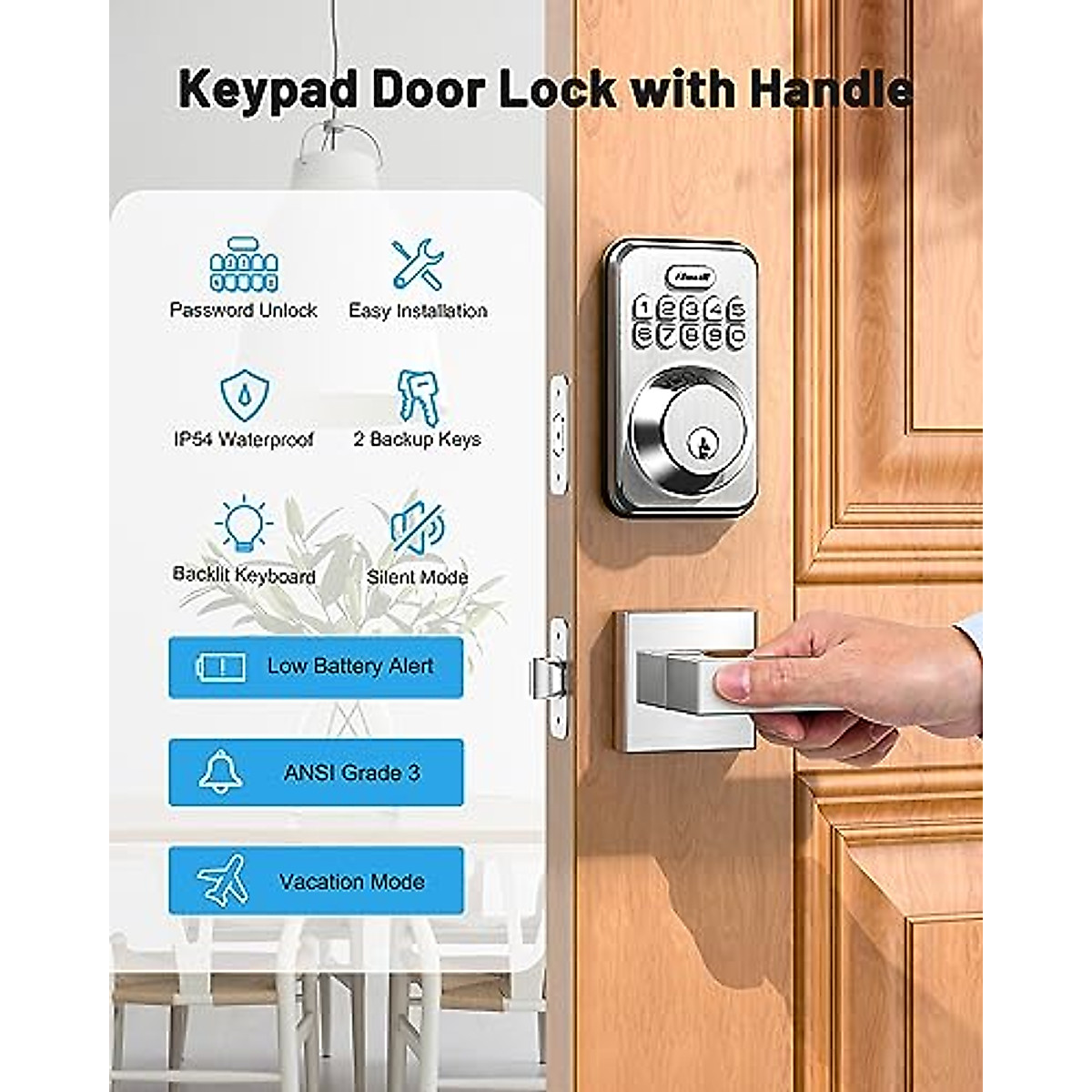Zowill Keyless Entry Door Lock with 2 Lever Handles, Electronic Keypad Deadbolt, Auto-Locking, Anti-Peeping Password, Digital Smart Code Door Lock, Front Door Handle Sets, Satin Nickel