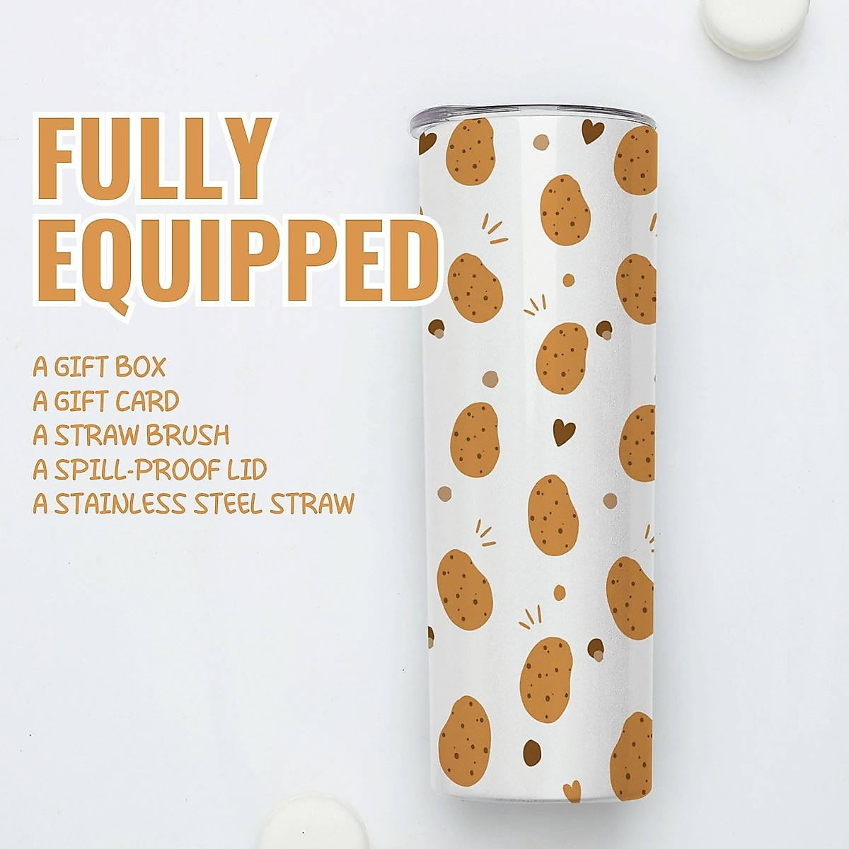 Onebttl Funny Potato Gifts for Potato Lovers, All-over Pattern Insulated 20oz Stainless Steel Skinny Tumbler with Straw and Lid