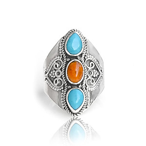 YoTreasure .925 Sterling Silver Turquoise 3 Stone Wide Band Boho Ring