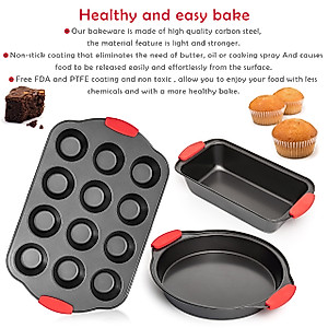 Moss & Stone 9 Piece Baking Pans Set Non Stick, Oven Safe Baking Sheet Set Carbon Steel Non-Stick PTFE Coating, Bakeware Set With Heat Red Silicone Handles, Black Baking Trays For Oven