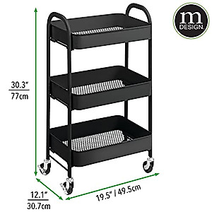 mDesign Metal 3-Tier Rolling Utility Storage Carts - Organizer Trolley for Bathroom, Kitchen, Laundry, Office, and Kids Rooms - Heavy Duty Caddy with 4 Caster Wheels - Matte Black