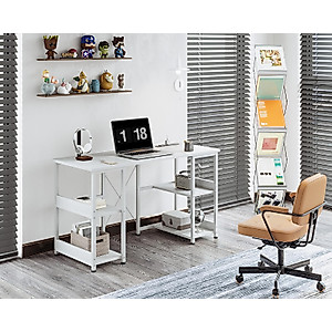 AODK 40 Inch Small Writing Desk with Power Outlets & USB Charging Port, Computer Desk for Small Spaces Home Office, Student Laptop PC Desks with Storage Shelves, Kids Desk, White