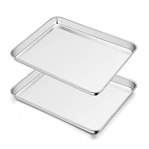 TeamFar Toaster Oven Pan Set of 2, Stainless Steel Toaster Oven Baking Tray Ovenware, 12.5’’x 9.5’’x1’’, Non Toxic & Healthy, Rust Free & Mirror Finish, Easy Clean & Dishwasher Safe