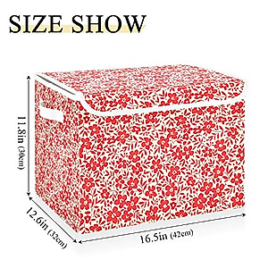 Kigai Small Red Flowers Storage Basket with Lid Collapsible Storage Bin Fabric Box Closet Organizer for Home Bedroom Office 1 Pack
