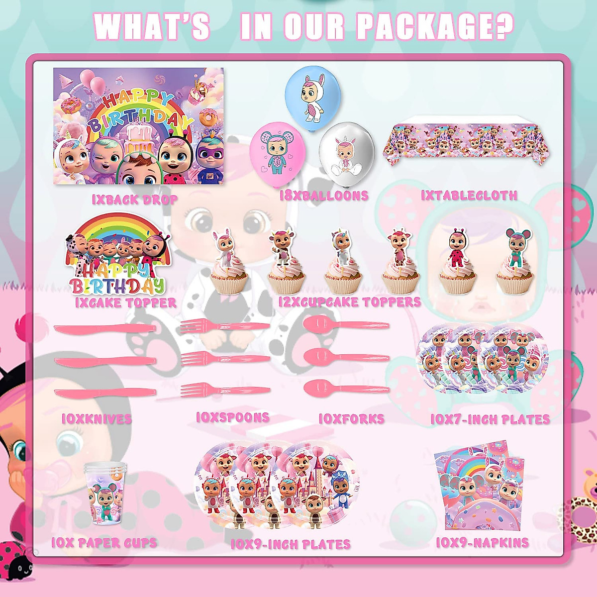 Cry Babies Magic Tears Birthday Party Supplies Favors for Grils Boys Kids Party Decorations Set Includes Plates Backdrop Cups Napkins Cake Cupcake Toppers