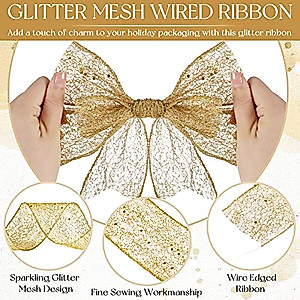 2 Rolls 20 Yards Metallic Wired Ribbons Glitter Ribbon Rose Gold Ribbon for Crafts Valentine Floral Bow Making DIY Gift Wrapping Wedding Party Home Decor (Gold, 2.5 Inch)