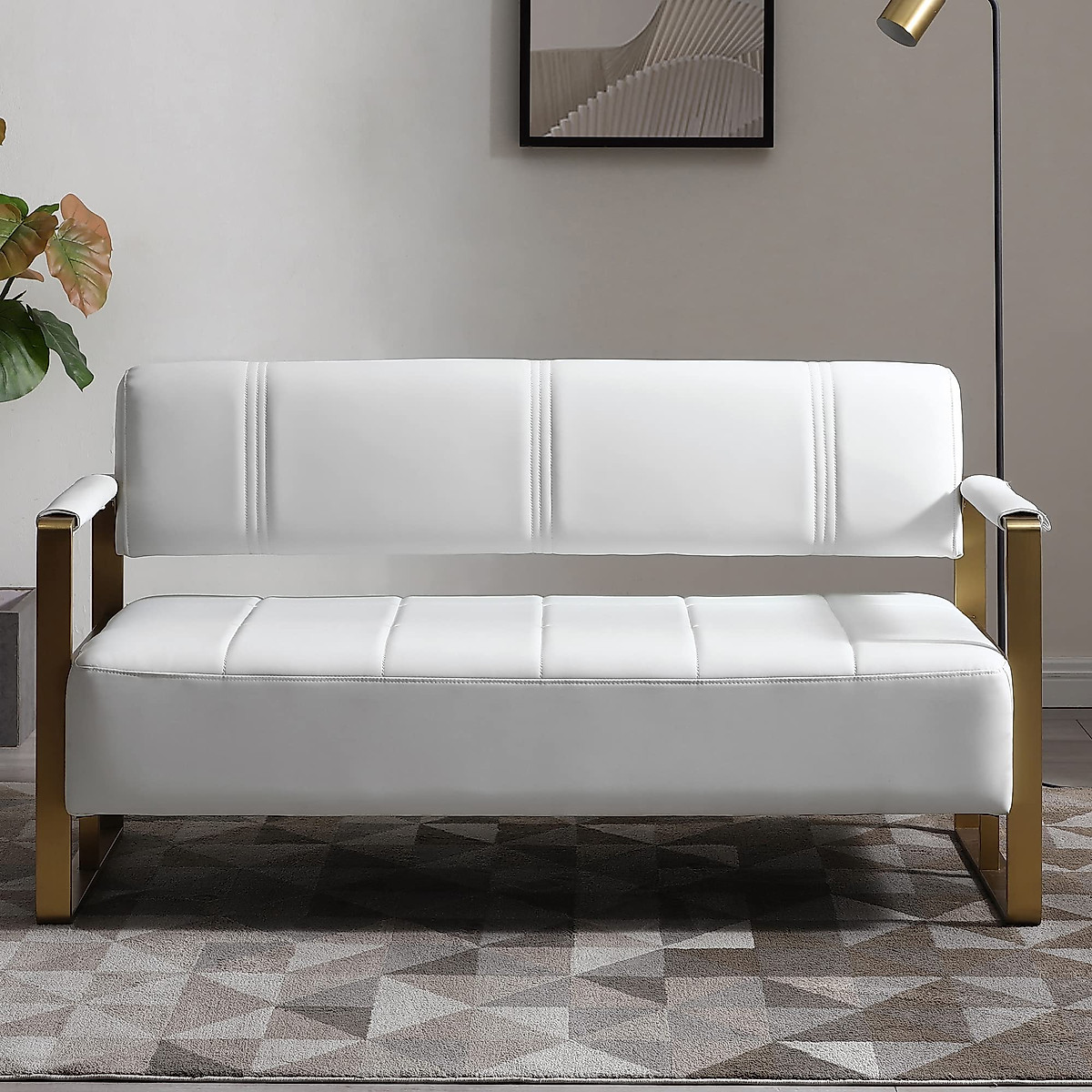57.9" Modern Faux Leather Loveseat Sofa, Accent 2 Seater Couch with Golden Metal Arms, for Living Room Office Small Spaces Apartment Studio, White