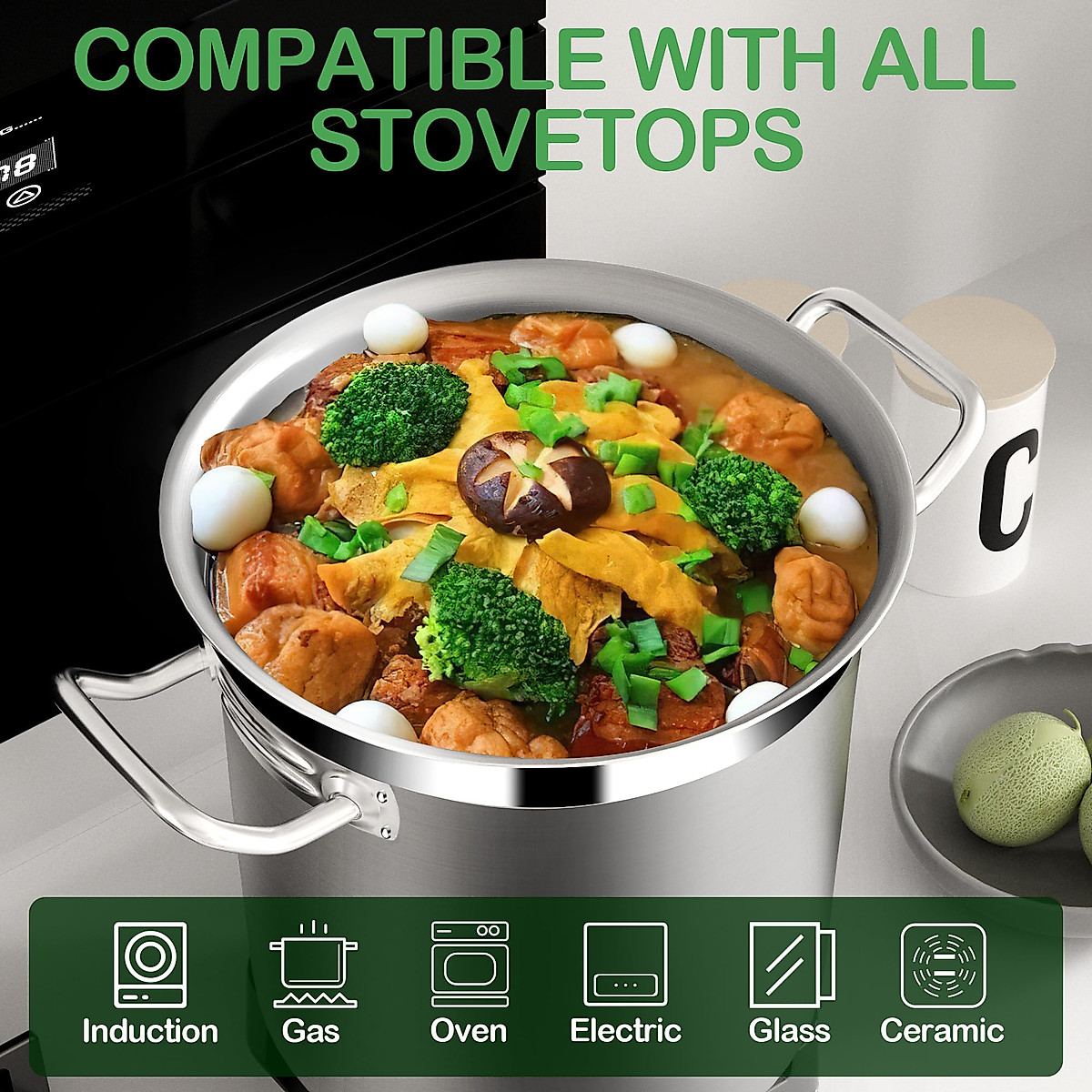 STOCKPOT Stainless Steel Pot, 20 Quart Stock Pot with Visible Lid, 3-Ply Large Soup Pot, Induction Pots, Big Pots for Cooking, Stew Pot, Oven & Dishwasher Safe