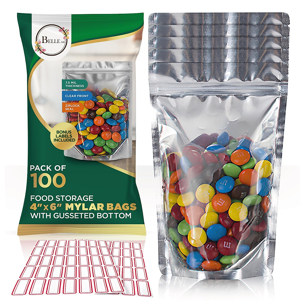 Belle KR - Pack of 300-100 Each of Small, Medium and Large Mylar Bags - Stand Up Clear Front Pouches