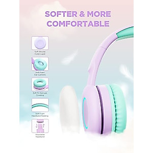 BIGGERFIVE Kids Wireless Bluetooth Headphones with 7 Colorful LED Lights, 50H Playtime, Microphone, 85dB/94dB Volume Limited, Foldable On Ear Kids Headphones for School/Girls/Fire Tablet, Purple