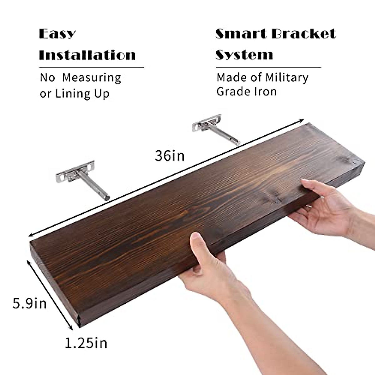 QTSARTISAN Floating Shelf Set — Rustic Solid Wood Hanging Rectangle Wall Shelves with Invisible Metal Brackets for Bedroom, Bathroom, Living Room and Kitchen(Walnut, 36" x 5.9")