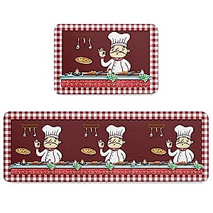 Red Plaid Kitchen Mats and Rugs, Anti-Slip Kitchen Floor Mats, Water Absorbent Comfort Memory Foam Standing Mats for Office, Sink, Laundry, Kitchen Chef and Cooking Utensils Art Prints