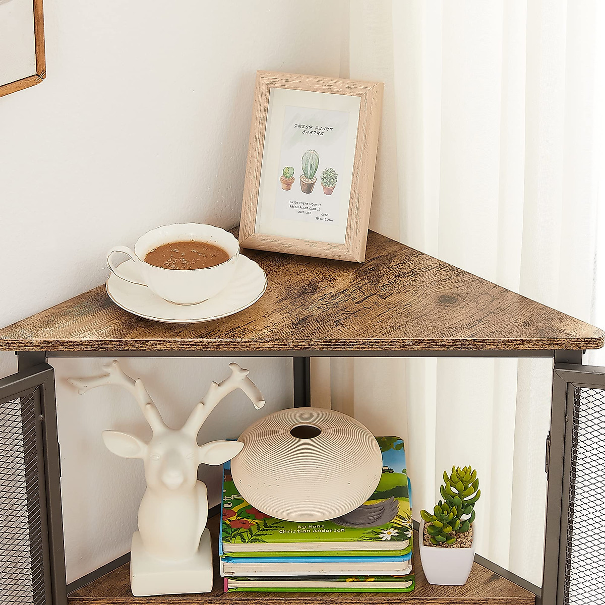 VECELO 3 Tier Corner Cabinet Shelf, Floor Standing Storage Organizer Shelves with Grid Doors for Small Space, Living Room, Bedroom, Kitchen, Balcony, Grey