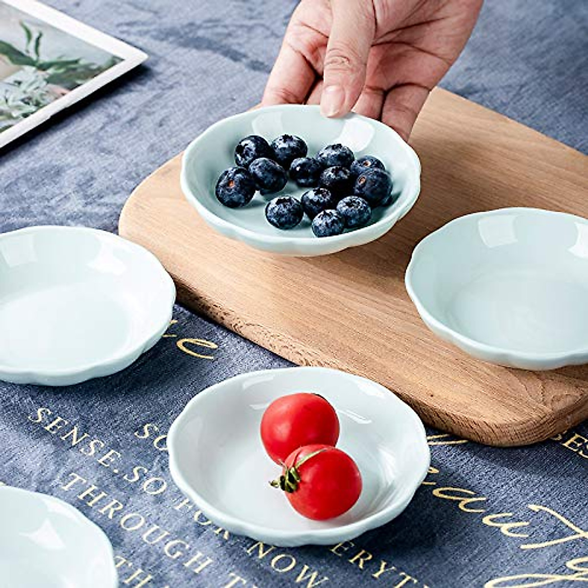 Sizikato 6pcs Light Blue Porcelain Snack Plates, 4-Inch Flower-Shaped Appetizer Plate Dipping Bowl.