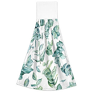 Green Eucalyptus Leaf Tropical Plant Hanging Kitchen Towels 2 Pieces Absorbent Tie Towel Dish Cloth Soft Hand Towel Tea Bar Towels for Bathroom Restroom Home Decor