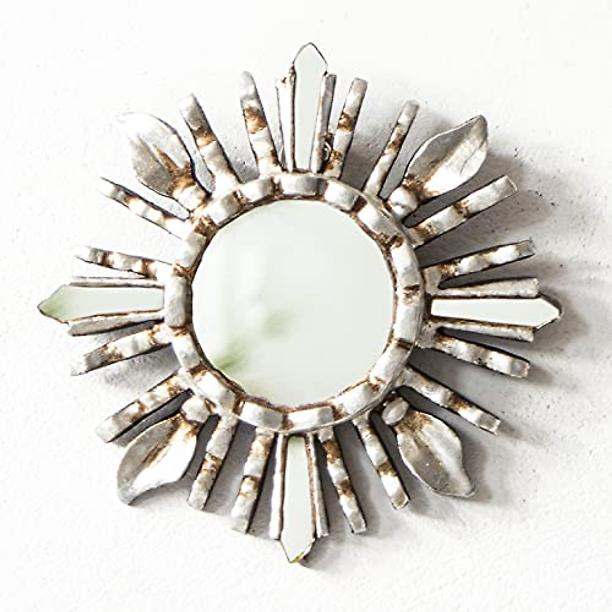 Decorative Small Round Wall Mirror 6in- Peruvian Accent Wood Gold Leaf sunburst Mirror for Wall room decor (Silver)