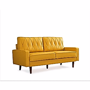 Container Furniture Direct Modern Style Faux Leather Sofa with Elegant Round Tapered Legs and Button Tufted Backrest Perfect for Living Room, Bedroom or Home Office, 69.3’’ Wide, Musterd Yellow