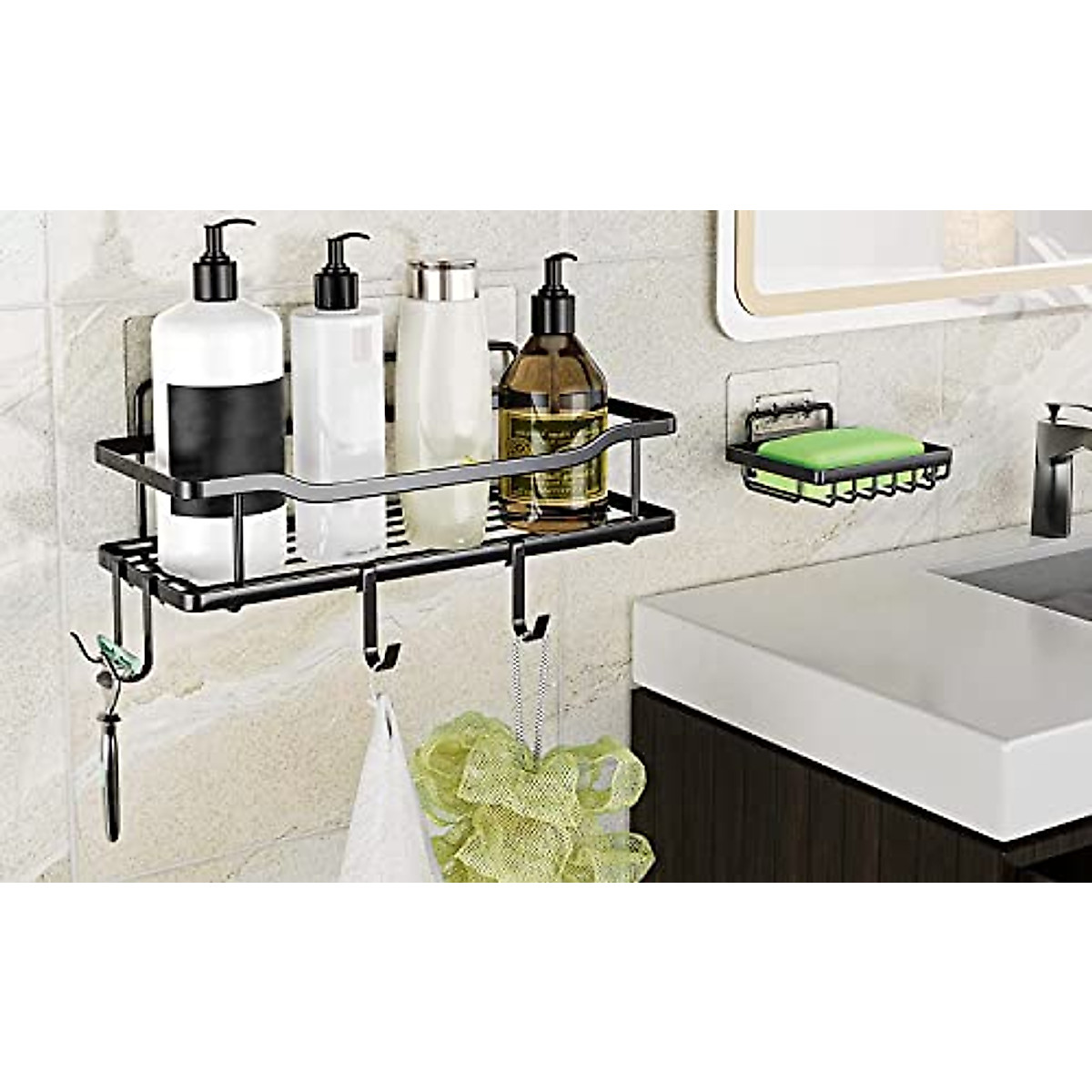 RIGEL STAR Shower Caddy with Soap Dish + 4Hooks, Adhesive Organizer, No Drilling Shelf, Rustproof Stainless Steel Rack With Soap Dish for Bathroom and Kitchen Storage, Matte Black