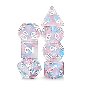 DND Polyhedral Dice RPG Dice for Dungeons and Dragons,Pathfinder,MTG,D&D Role Playing Game,Pink Blue Flower Transparent Dice Set,with Grey Waterproof Bag