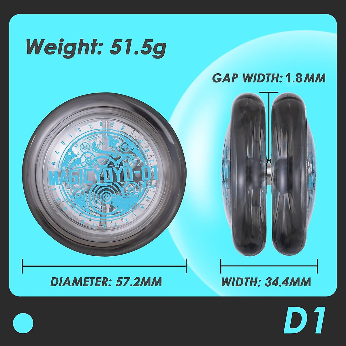 Looping Yoyo D1 Responsive Yoyo for Kids - 2A Loop Yoyo for Beginner, Starter Yoyo Easy to Play Basic String Tricks Yoyo with 12 Yoyo Strings, 2 Bags, 2 Yoyo Gloves(Crystal Black and Crystal Blue)