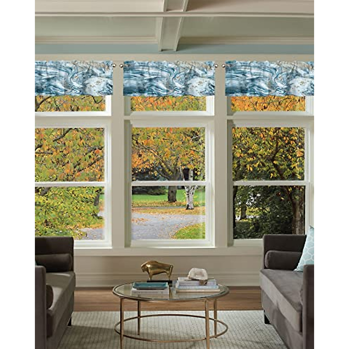 AmbeHome Art Marble Curtain Valances for Windows Decor, Window Valance Curtain for Kitchen Living Room Bedroom Short Drape Window Treatment 42"x18" Blue White Gold Liquid Abstract Ocean