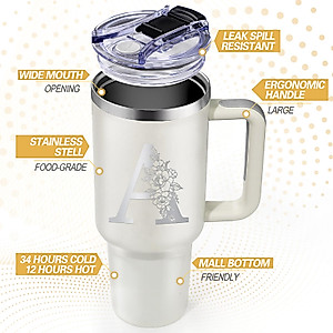 Birthday Gifts for Women, Gifts for Women, Monogrammed Gifts for Women, 40oz Initial Stainless Steel Tumbler with Straw and Lid - Personalized Christmas, Birthday Gifts for Best Friend Her Mom, A