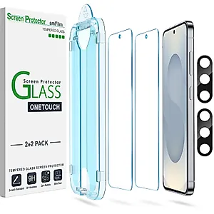 amFilm Auto-alignment OneTouch for Samsung Galaxy S25+ Plus 6.7'' Screen Protector + Camera Lens Protector, Tempered Glass, 30 seconds Installation, Bubble Free, Case Friendly, Anti-Scratch [2+2 Pack]