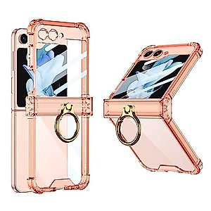 PUROOM for Samsung Galaxy Z Flip 5 Case Hinge Protection Luxury Soft Transparent with Ring Holder Built-in Screen Protector All-Inclusive Shockproof Cover (Orange)