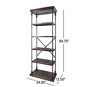 Great Deal Furniture Alma Industrial 5 Shelf Firwood Bookcase, Dark Walnut and Black